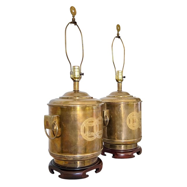 Vintage Frederick Cooper Chinoiserie Brass Drum Table Lamps - a Pair ...