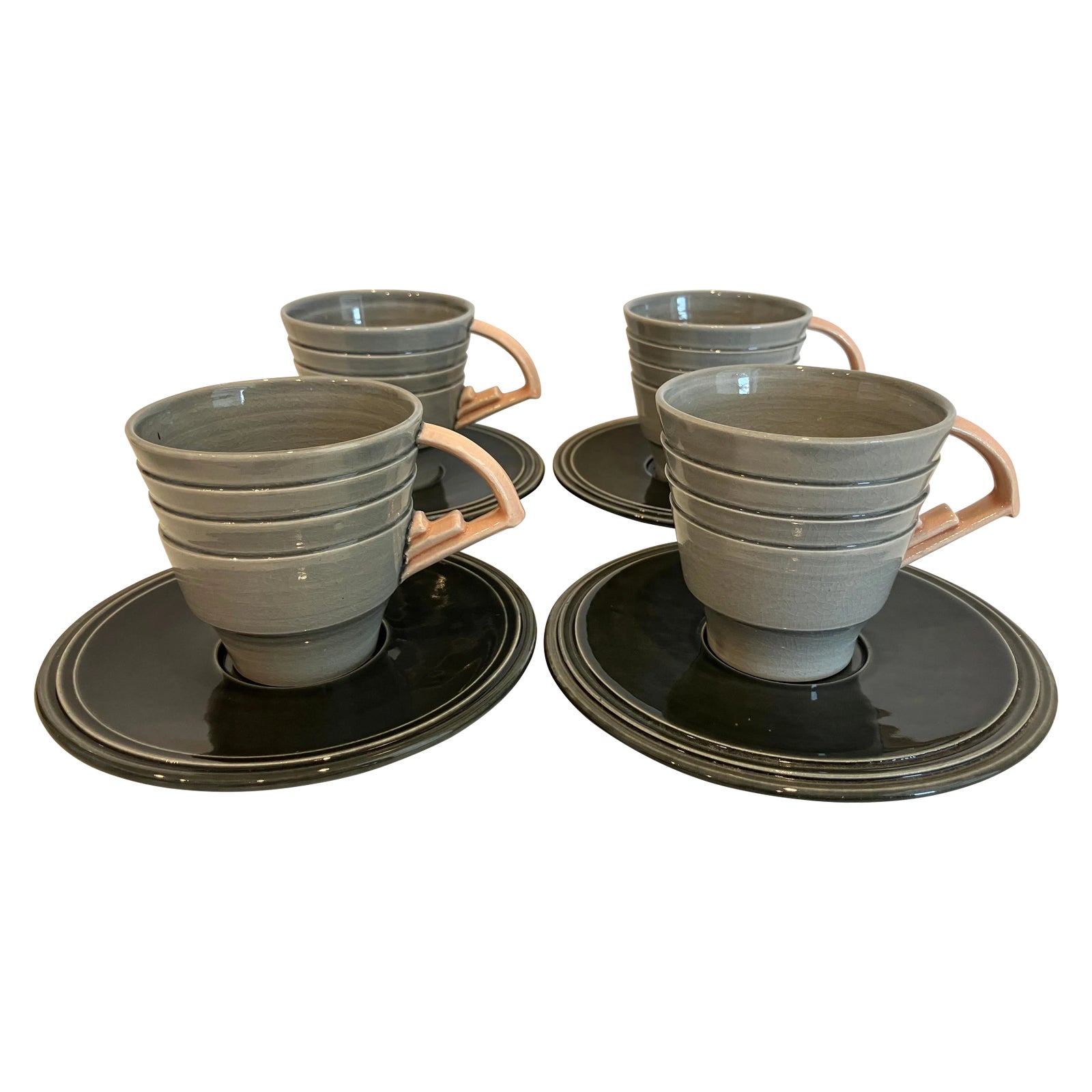 Michael Lambert Rare 1984 Hand Signed Art Deco Inspired Cups and Saucer Set- 8 Pieces | Chairish