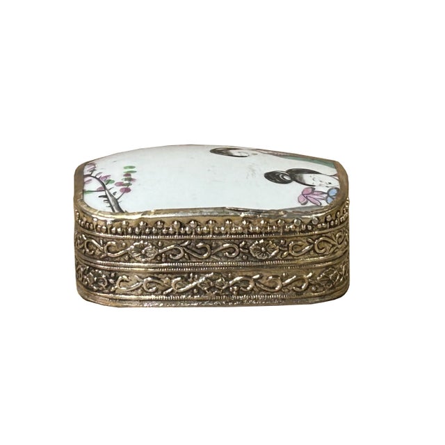 3.5" Chinese Old White Base Flower Lady Graphic Porcelain Art Pewter ...