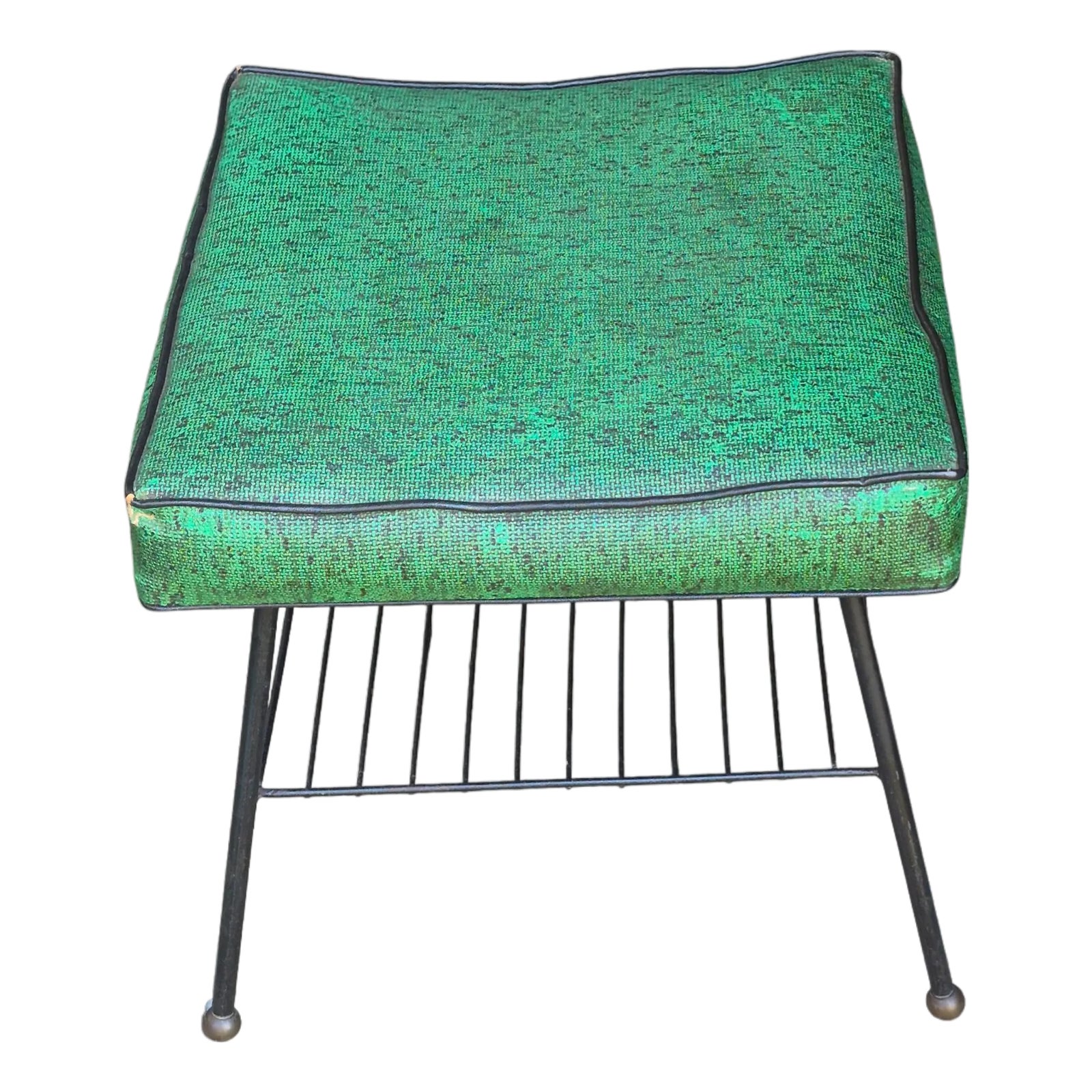 Retro 1950s Mid-Century Footstool W/Magazine Rack Green Vinyl Top Metal ...