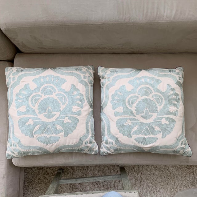 Light Blue Embroidered Pillows - a Pair | Chairish