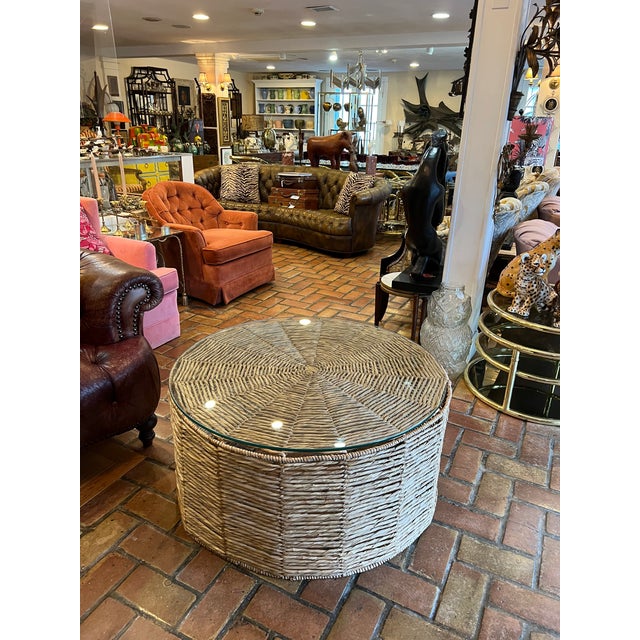 Weaved Seagrass Drum Coffee Table With Glass Top | Chairish