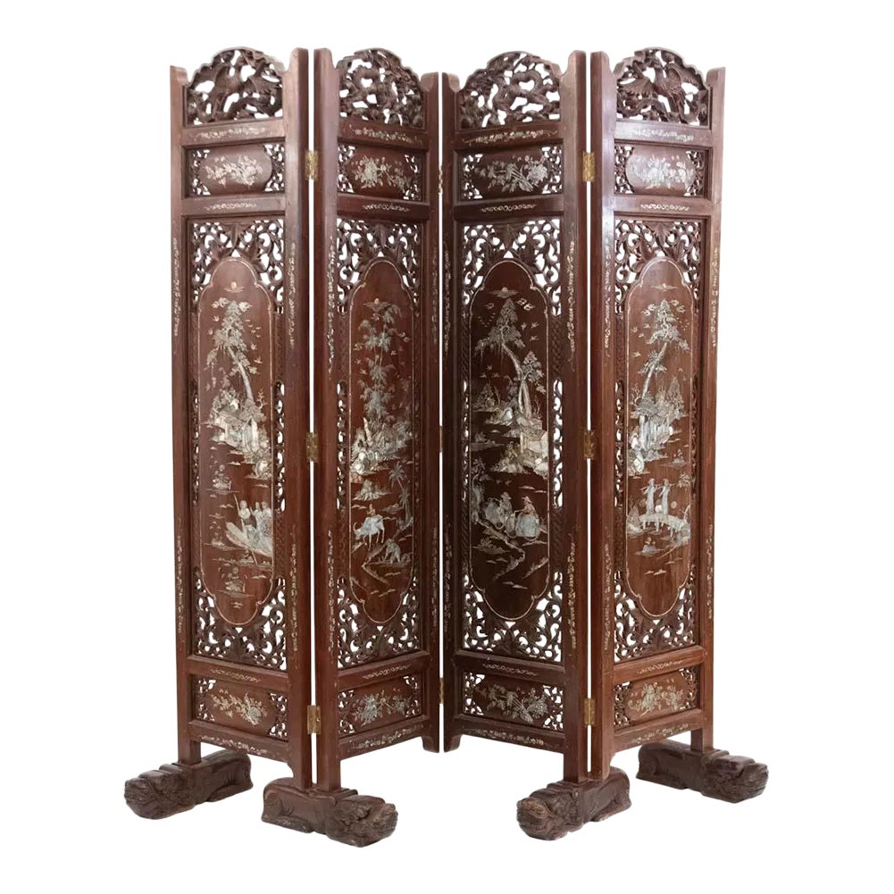 Mid 20th Century Wooden Chinese 4 Panel Screen Divider | Chairish
