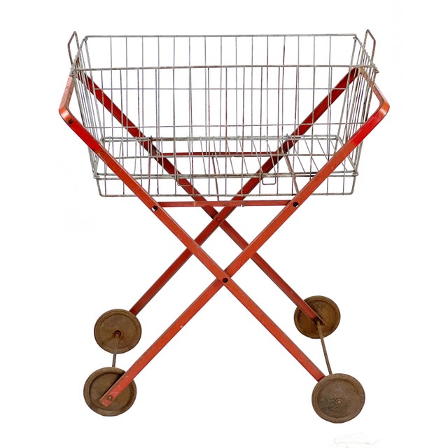 Vintage 1950s Industrial Orange Rolling Folding Laundry Cart With ...