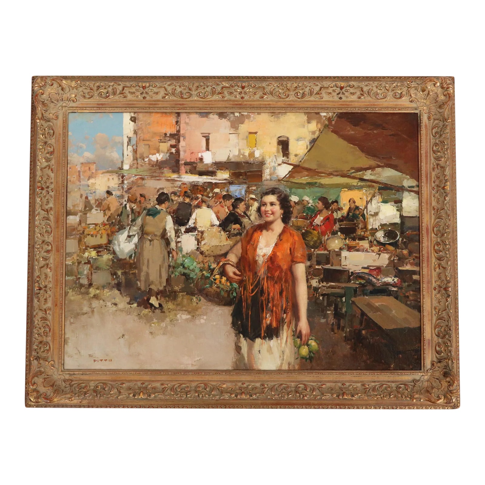 Oil on Canvas Italian Street Market Scene by Giuseppe Pitto (Italian ...