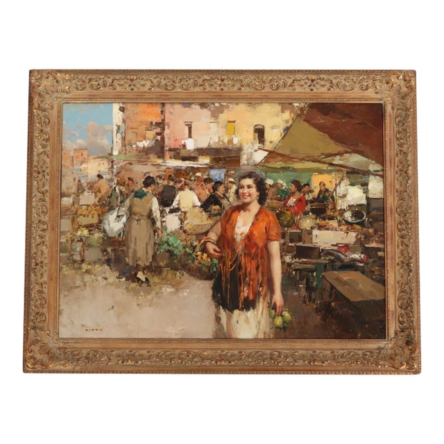 Oil on Canvas Italian Street Market Scene by Giuseppe Pitto (Italian 1857-1928) | Chairish
