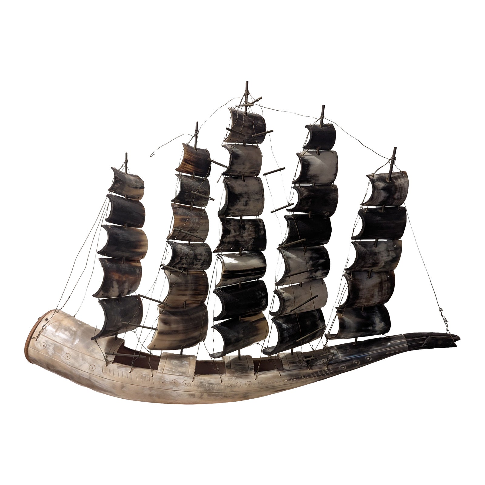 Vintage Large Carved Horn Ship With Five Sails | Chairish