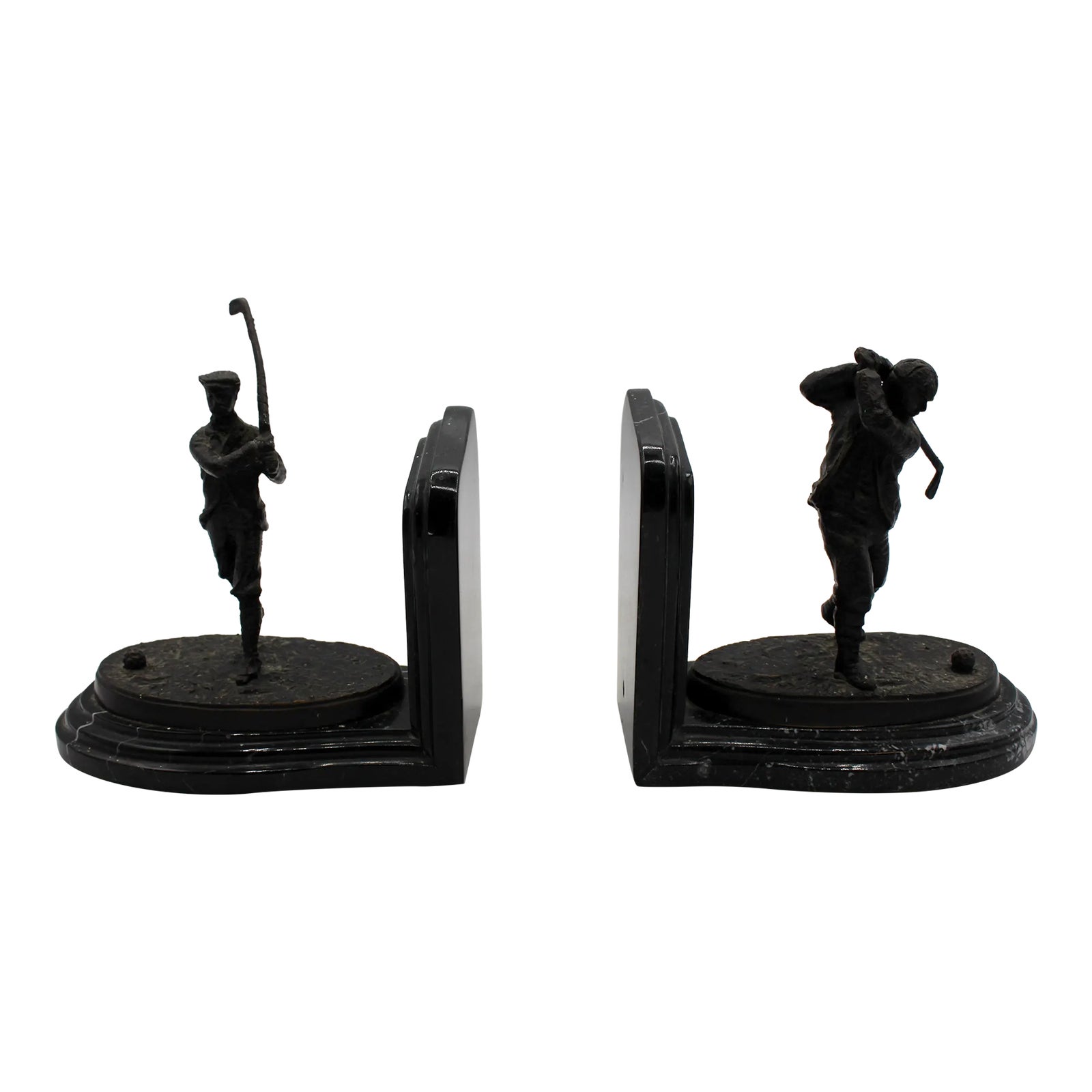 Pair of Early 20th Century English Golfer Bronze & Marble Bookends ...