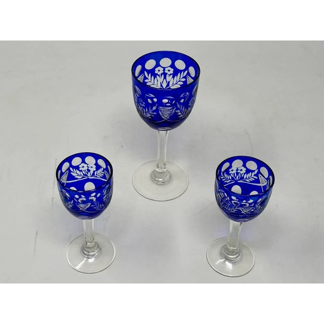 Vintage Cobalt Blue Cut-To-Clear Czech Crystal Hock Wine & Cordial Stem ...