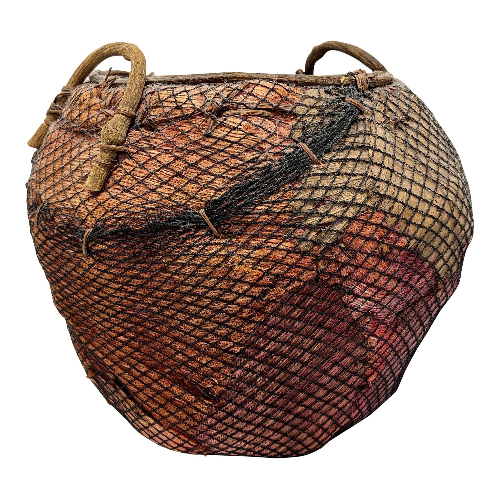 Handmade Natural Fiber and Leaf Basket Wrapped in Fish Net, 1970s ...