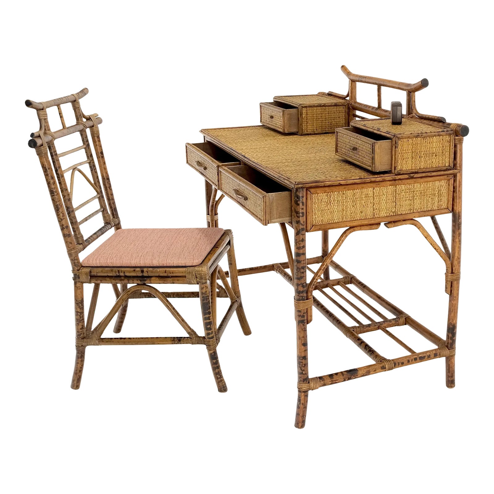 Asian Pagoda Style Burnt Bamboo Cane Desk & Chair - A Pair | Chairish