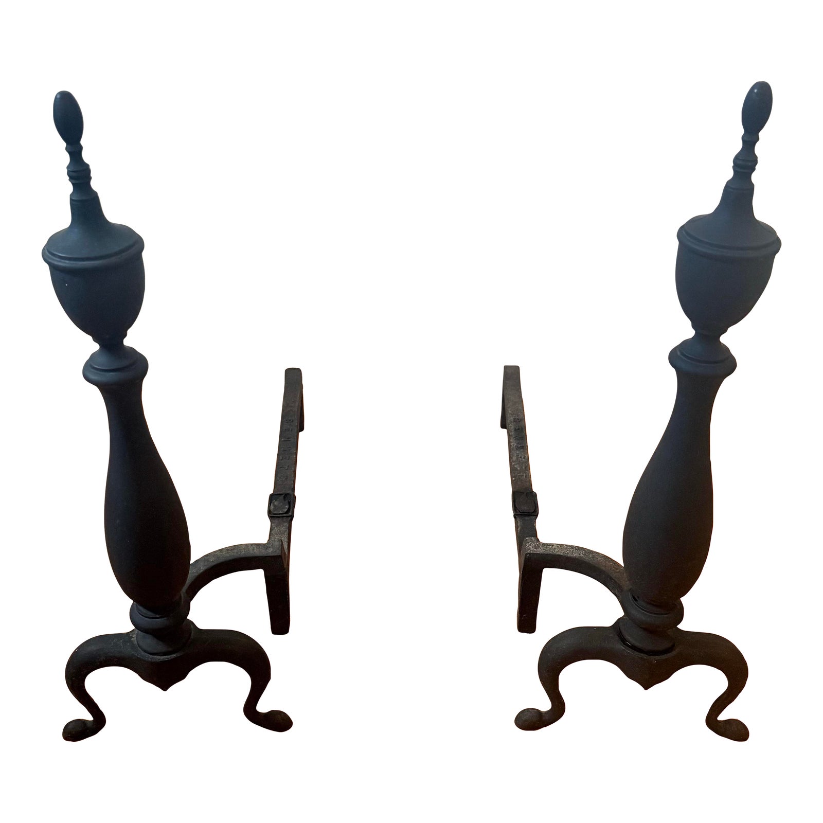 Vintage Bennett Company Black Cast Iron Andirons, a Pair | Chairish