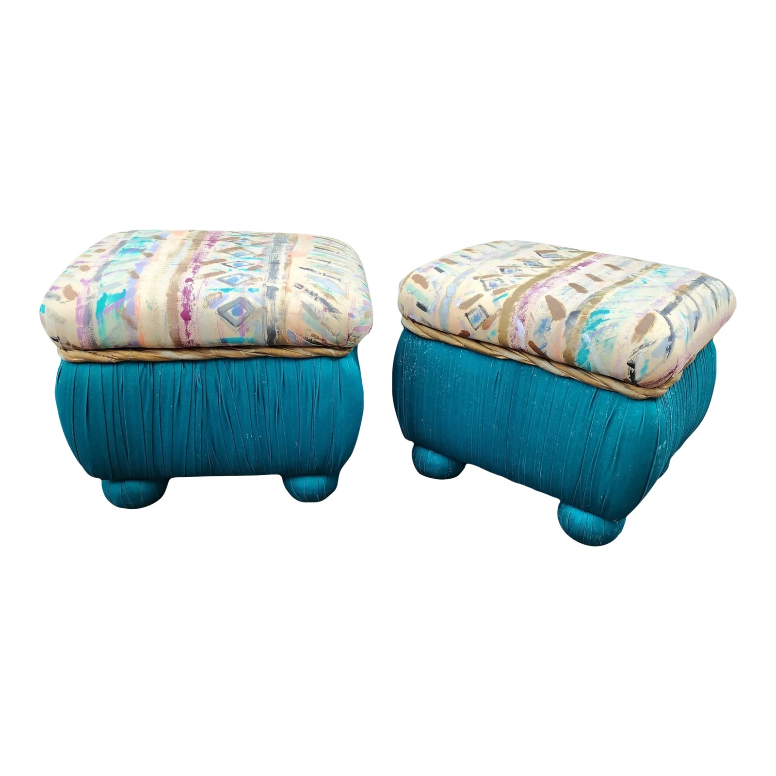 Vintage Memphis Postmodern Ottomans With Hand Painted Abstract Fabric ...