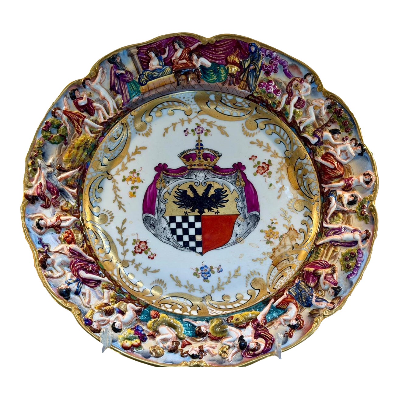 Antique 19c German Porcelain Black Eagle Armorial Crest Plate W ...