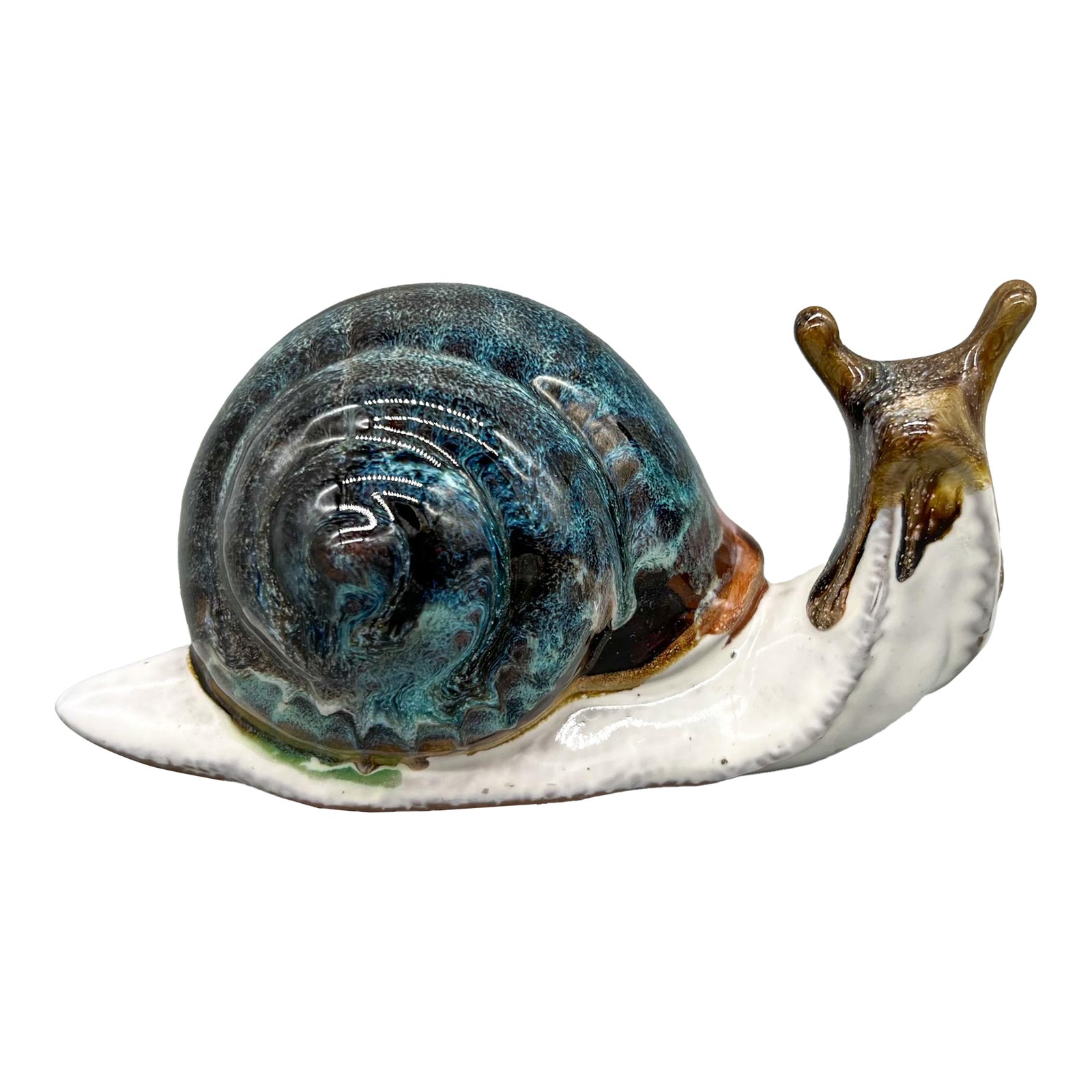 Vintage Ceramic Snail Figurine – Glossy Turquoise and Earth Tone Glaze ...