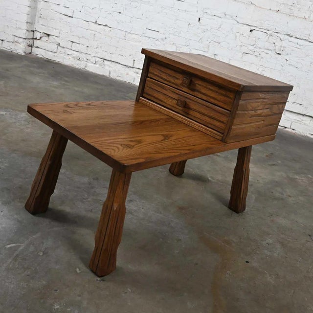 Vintage Rustic Ranch Oak Step End Table With 2 Drawers & Acorn Brown ...