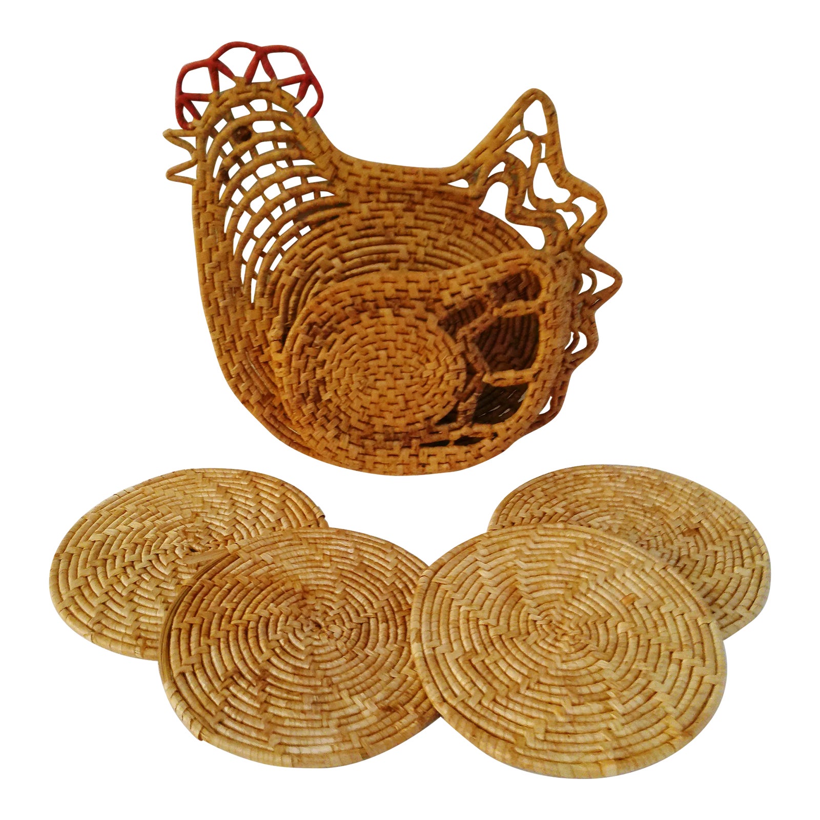 1970s Woven Rattan Hen Caddy W/Trivets | Chairish