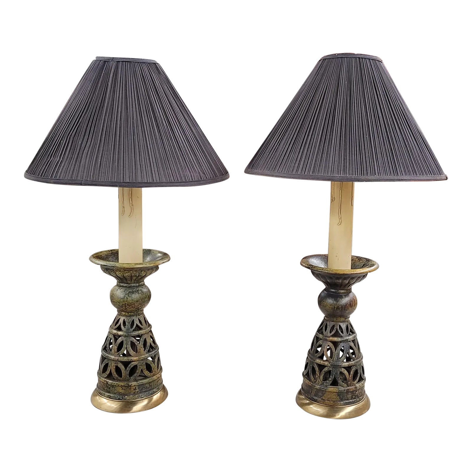 Anglo-Japanese Carved Large Ceramic and Brass Candle Stands Table Lamps ...