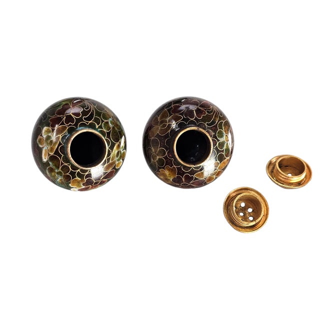 Chinese Cloisonné Salt & Pepper Shakers Salt Cellar and Spoon 2" | Chairish