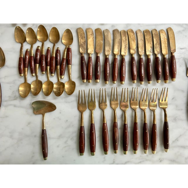 Vintage Mid Century Bronze and Wood Flatware Set of 106 | Chairish