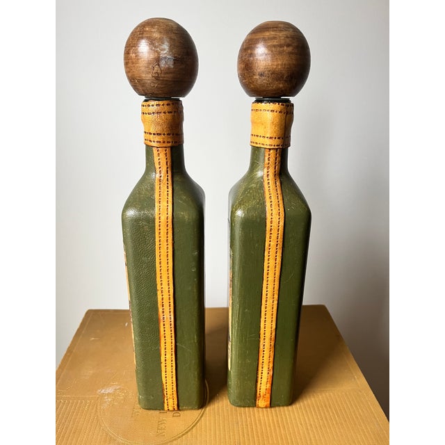 1960s Fausto Corduri Leather Wrapped Bottles - Set of 2 | Chairish