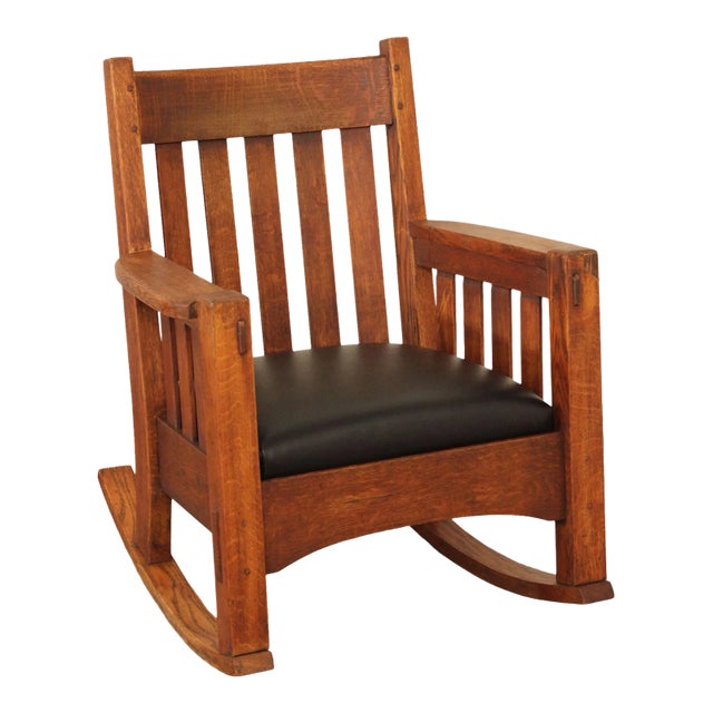 Harden Antique Mission Oak and Leather Rocker | Chairish