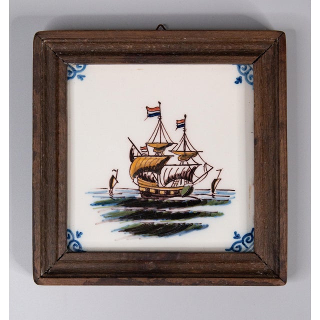 Vintage Delft Faience Framed Polychrome Nautical Sailboats Tiles - Set ...