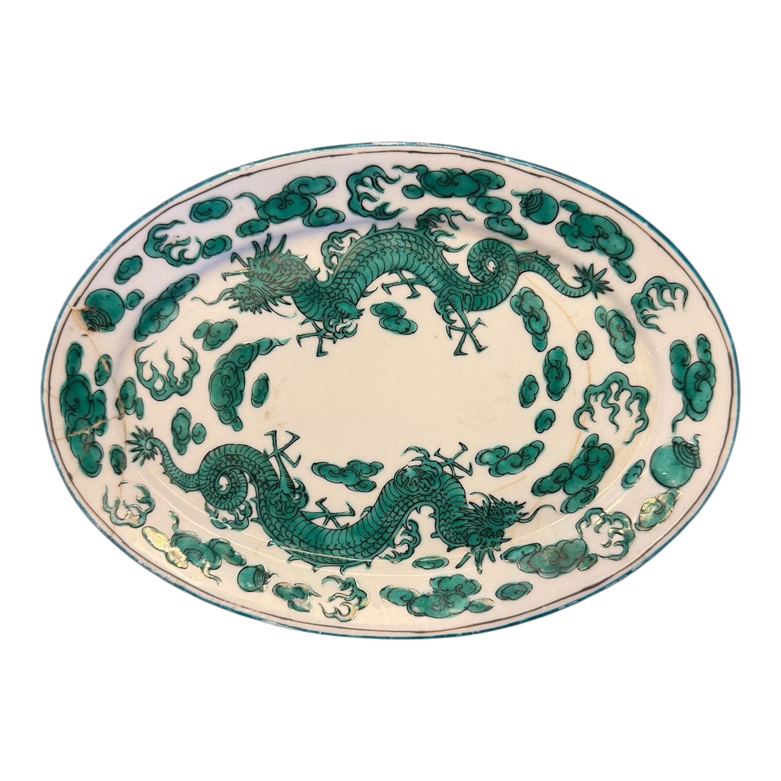 Mid 20th Century Green & White Japanese Dragon Dish | Chairish