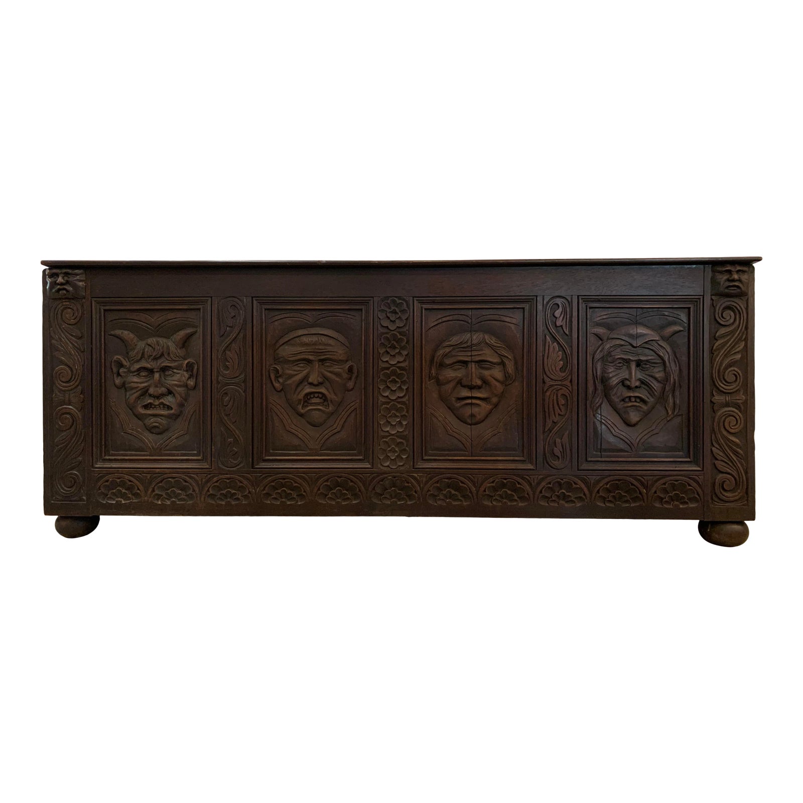 Vintage Medieval Solid Wood Trunk With Carved Faces | Chairish