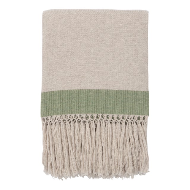 Merino Wool Fringed Green-Banded Throw by Villa Como | Chairish