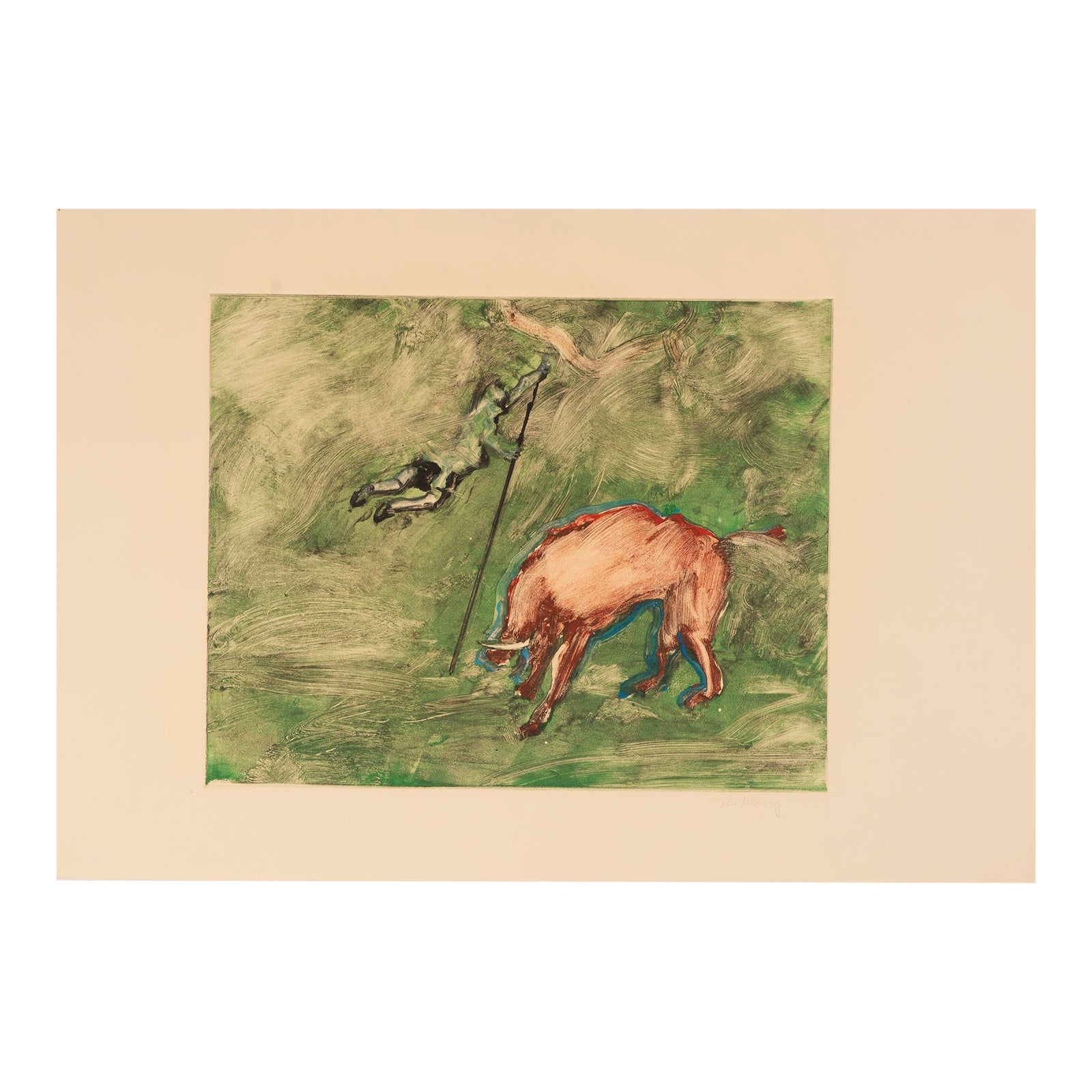 Signed Abstract Intaglio Print of a Bull by Robert Henry | Chairish