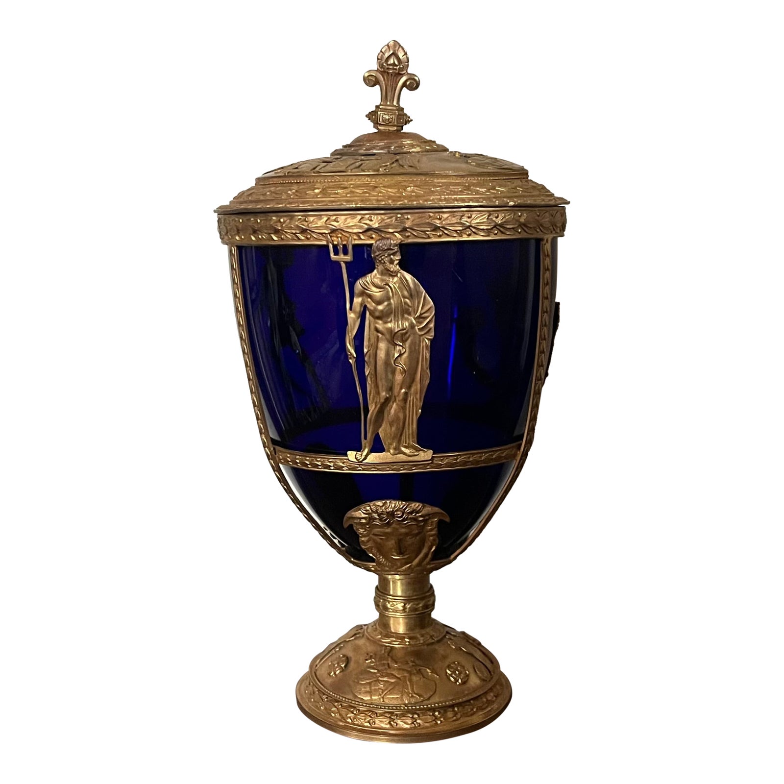 Antique Early 20th Century French Cobalt Blue Glass Urn With ...