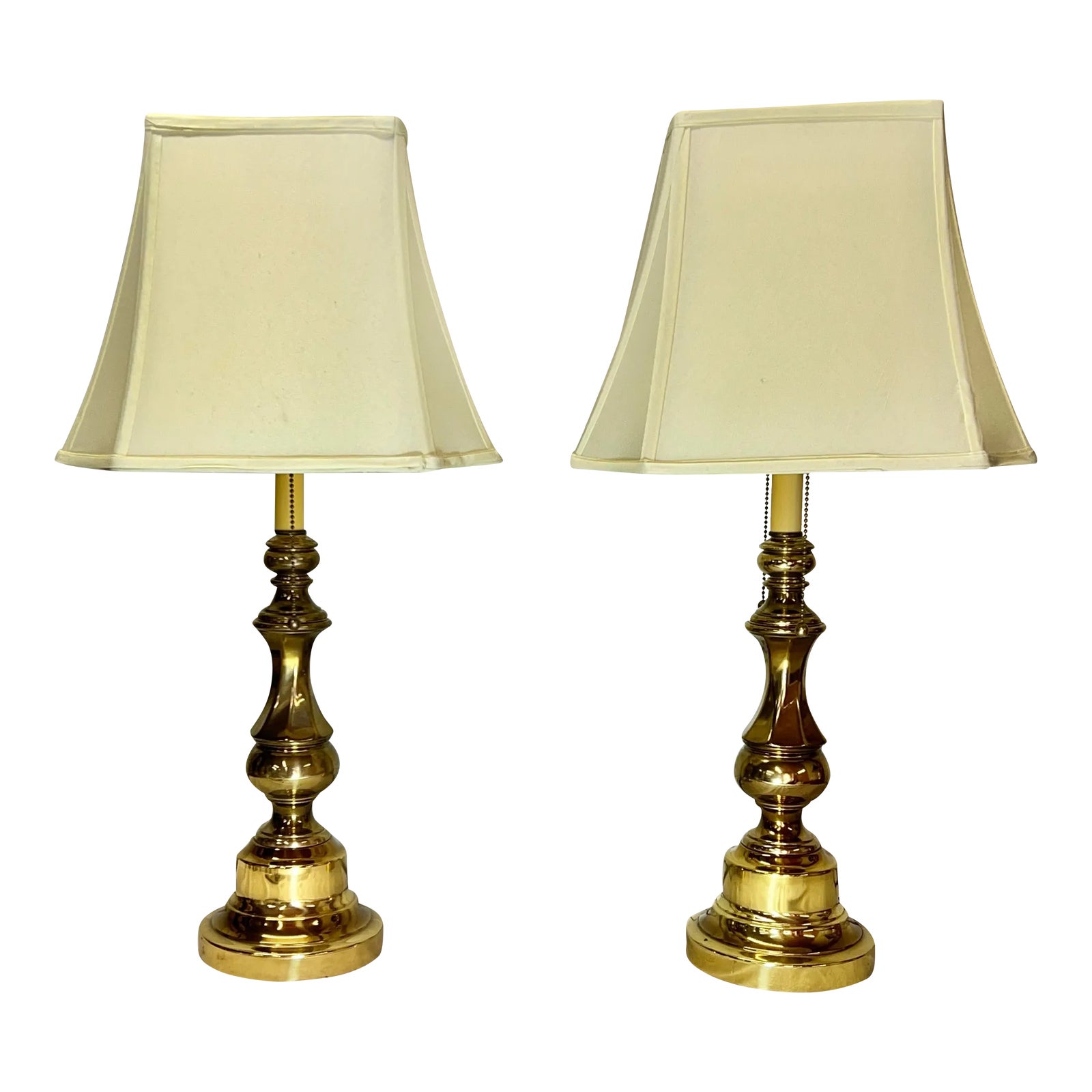 Double Bulb Twist Column Brass Lamps With Shades - a Pair | Chairish