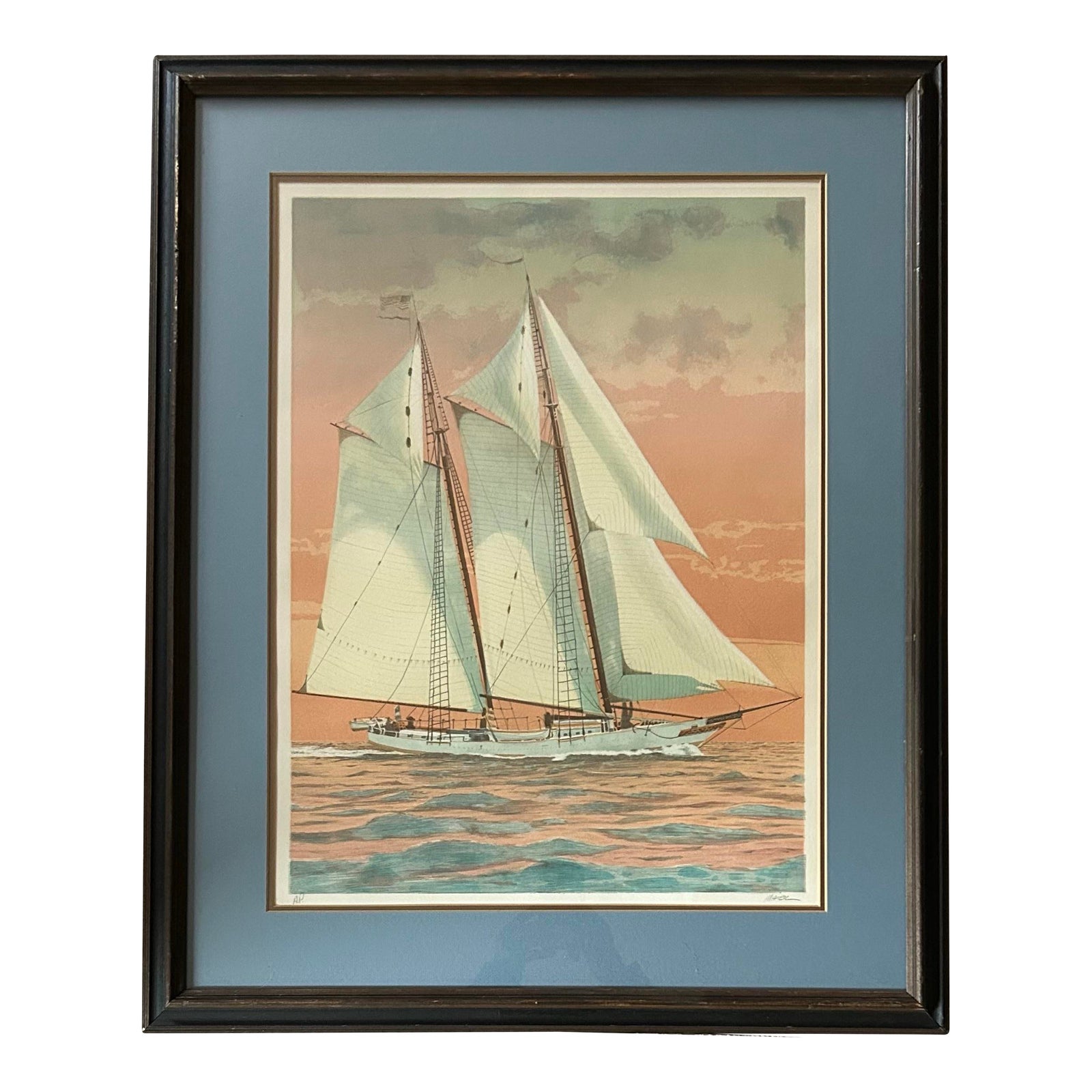Vintage Artists Proof Nautical Lithograph of a Schooner Sailboat at ...
