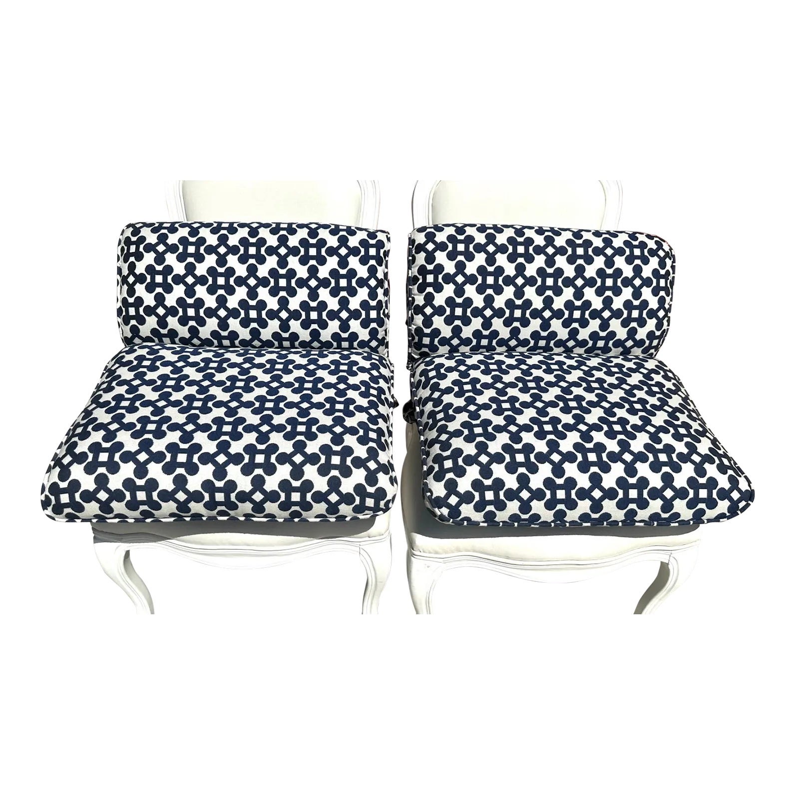 Pair of Navy Blue & White Geometric Outdoor Chair Cushions | Chairish