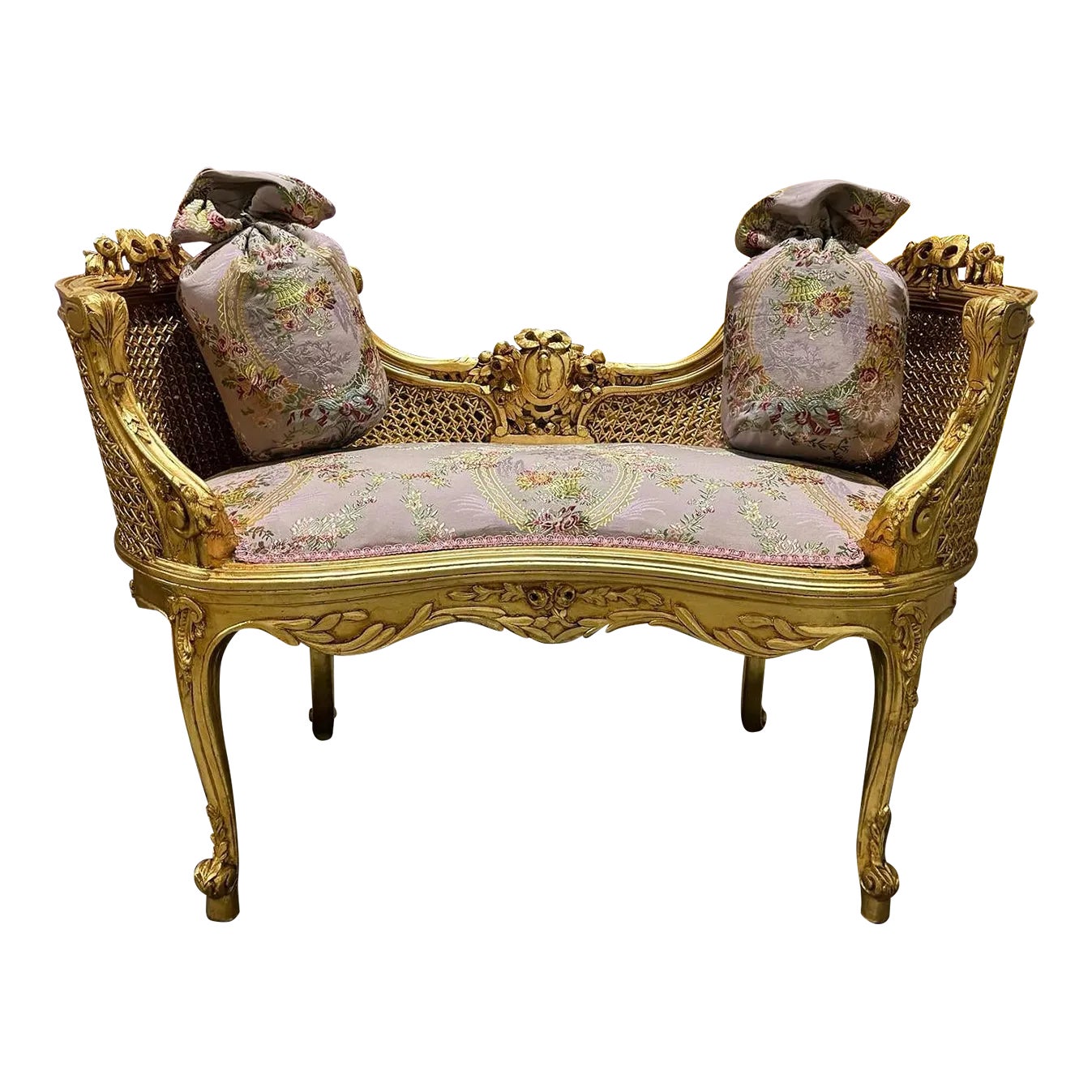 French Style Small Pink Bench Gold Leaf Frame With 2 Pillows | Chairish