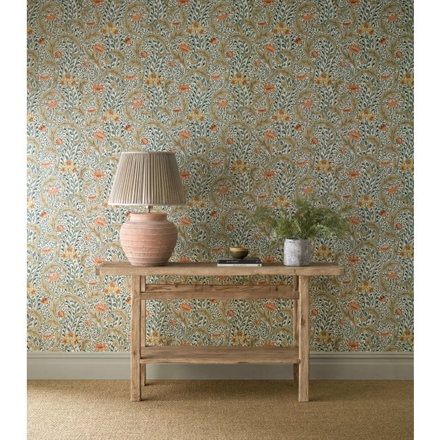 Morris & Co. Wild Tulip & Vine Wallpaper in Coral/Teal | Chairish