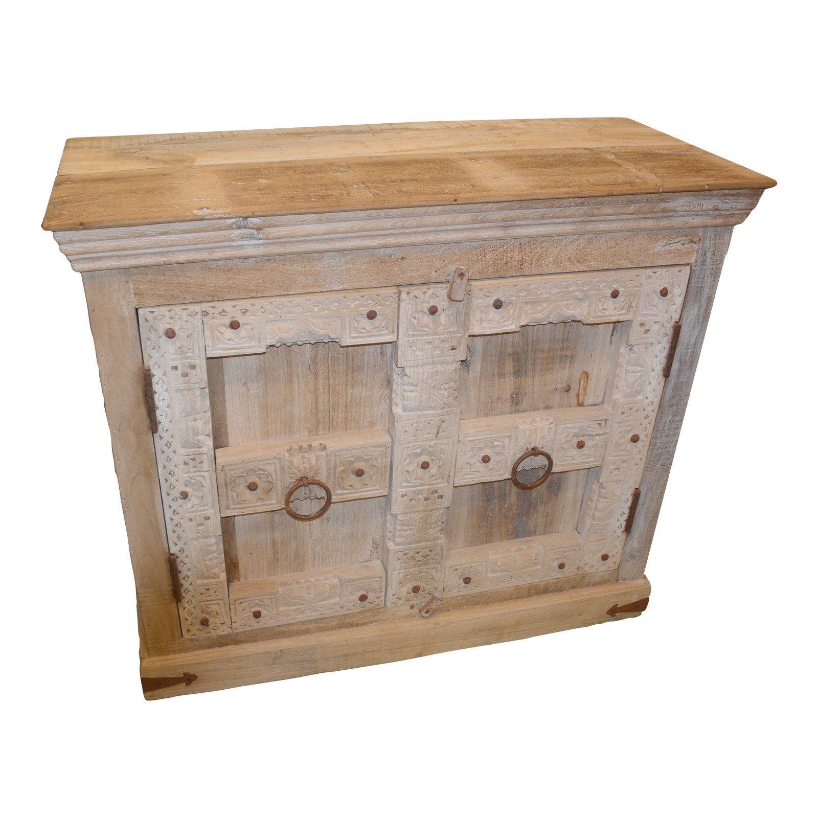 1990s White Washed Rustic Wood 2 Door Cabinet W/ Carved Doors & Iron ...