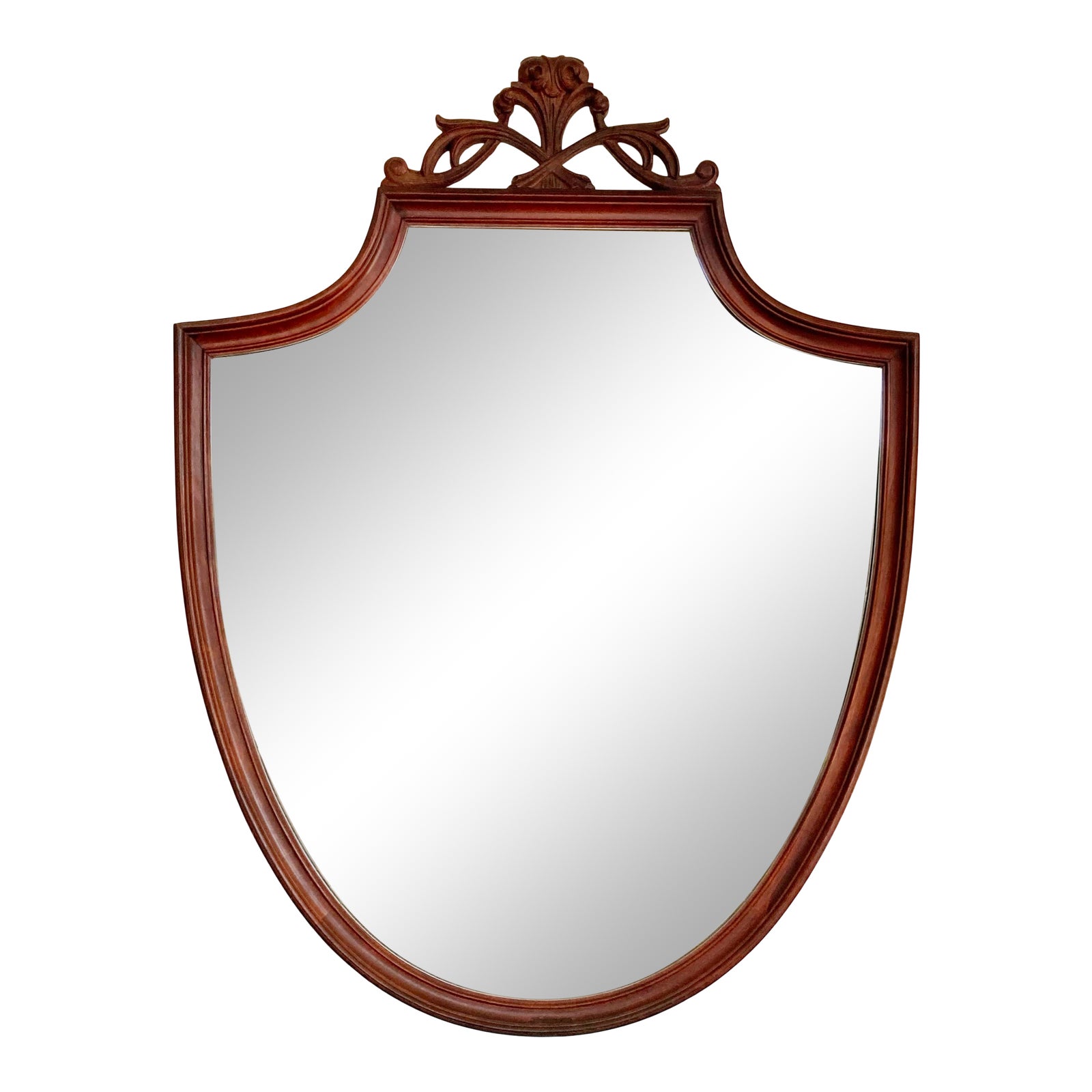 Vintage Carved Mahogany Shield Mirror W/ Floral Cap Detail | Chairish