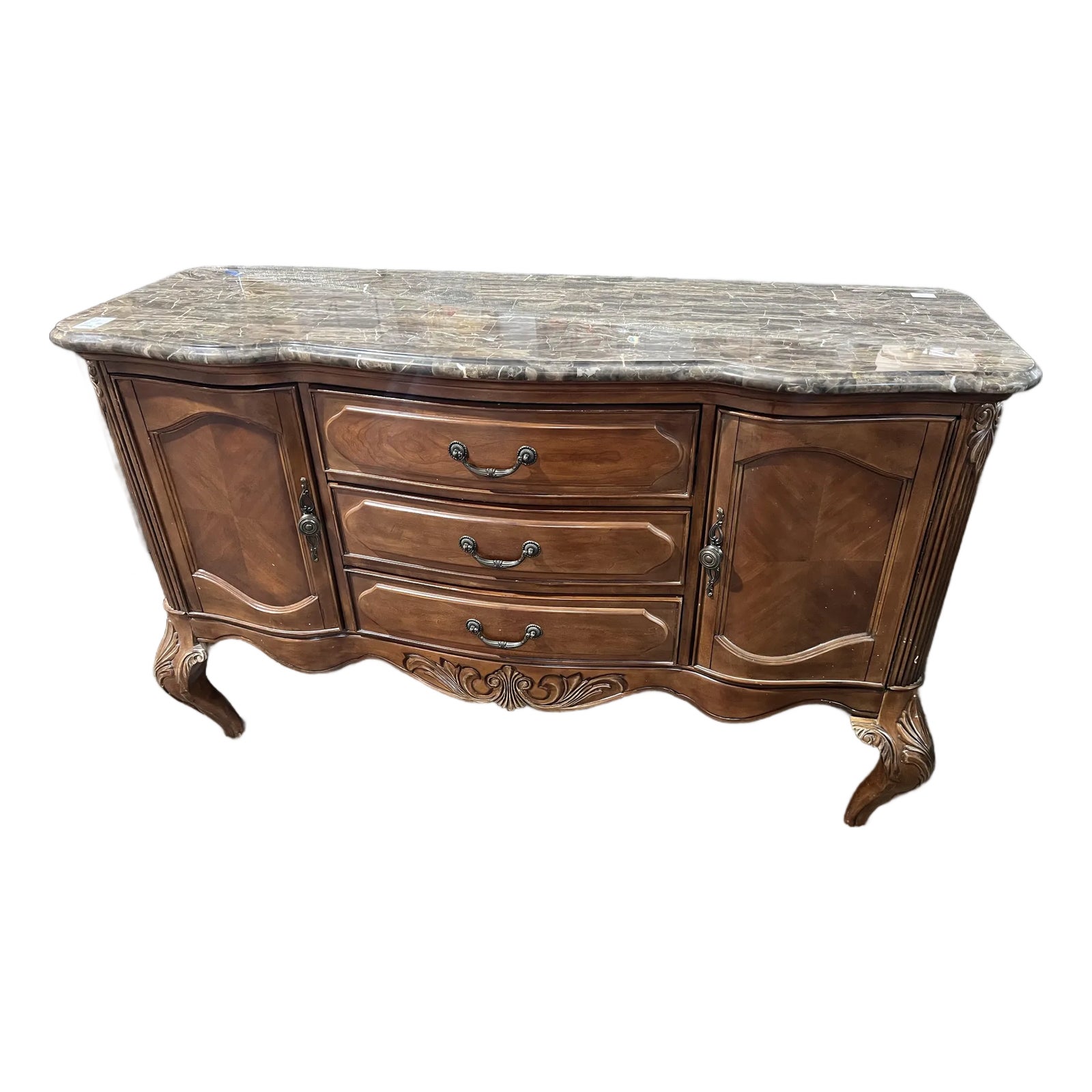 Michael Amini Brown Marble Top & Ornate Wood Tuscan Buffet | Chairish