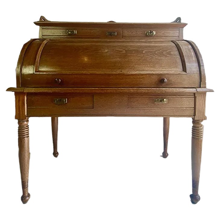 Large Antique Cylinder Writing Desk in Oak | Chairish