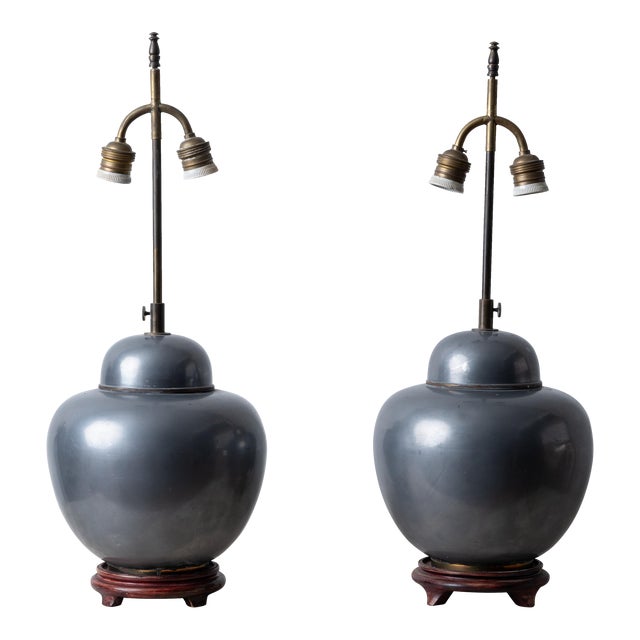 Chinese Pewter Ginger Jar Lamps | Chairish