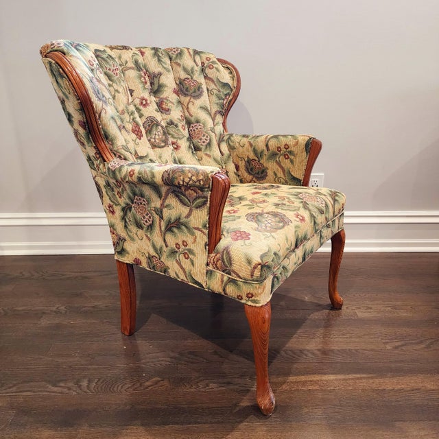Vintage Woven English Botanical Curved Wingback Chair | Chairish
