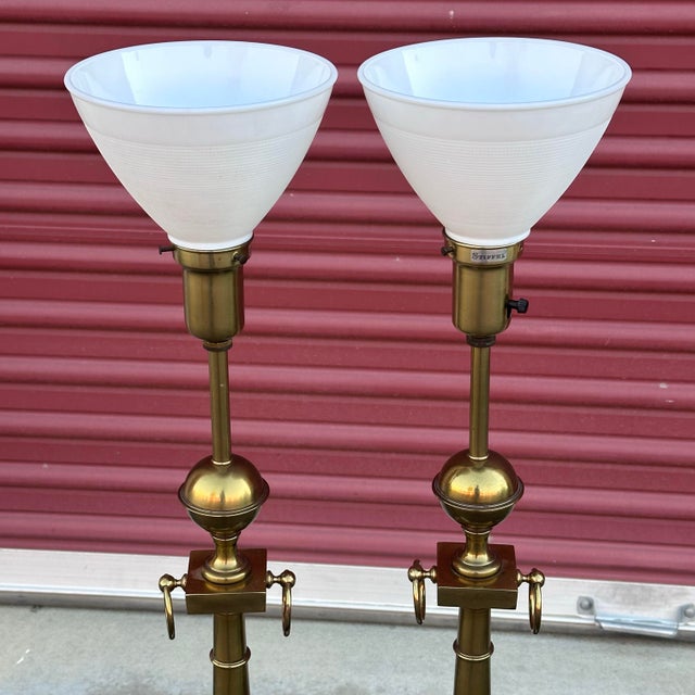 Vintage Pair of Stiffel Brass & Glass Torchiere Floor Lamps | Chairish