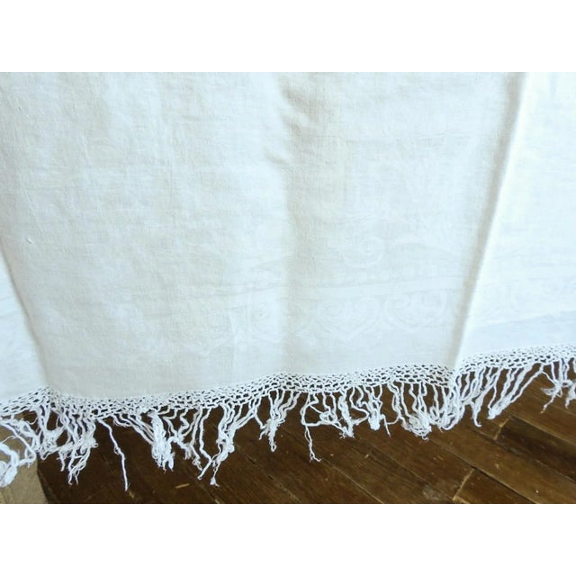 Antique White Fringed Damask Tablecloth | Chairish