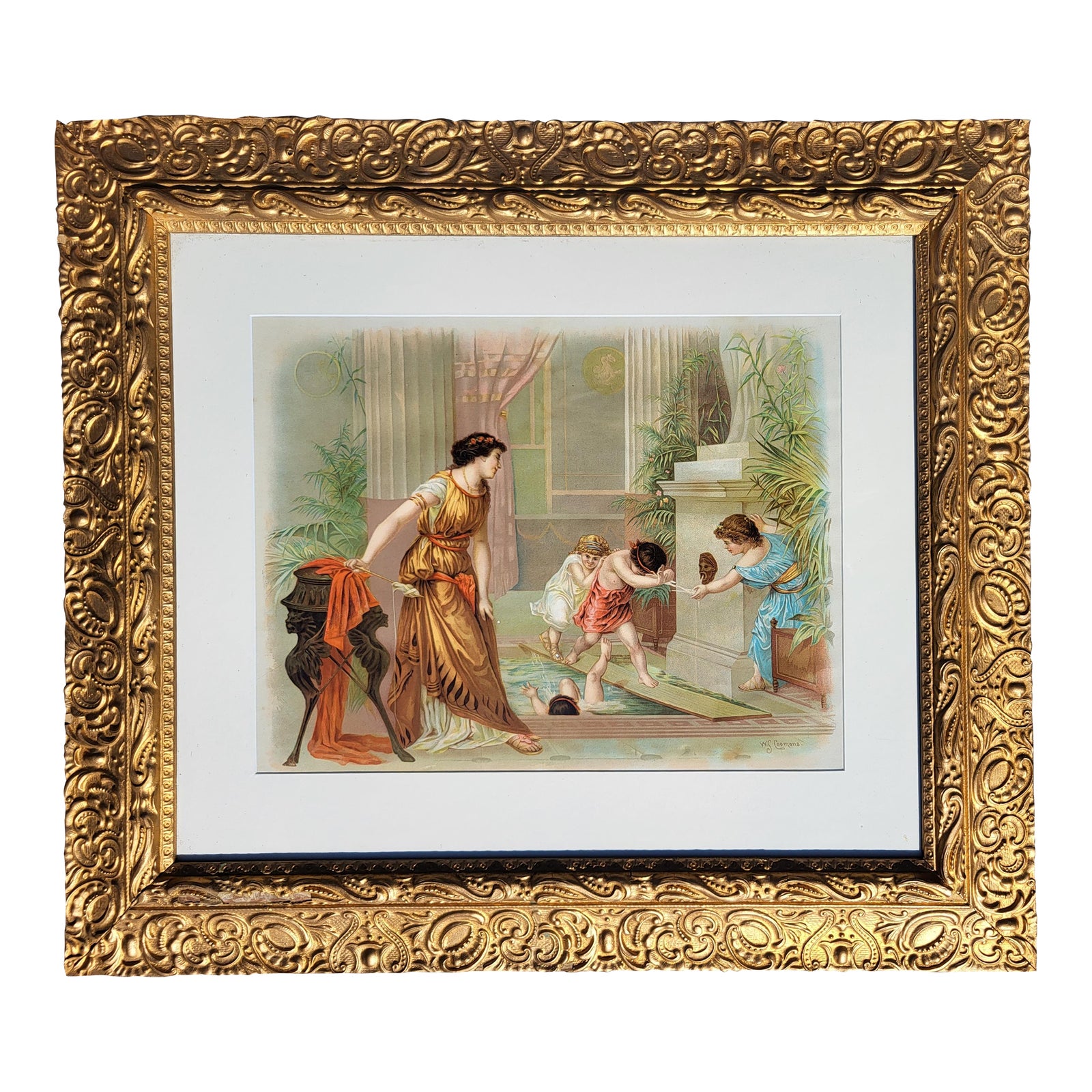 1890s Framed Chromolithograph Print "A Pleasant Afternoon at the Pool ...