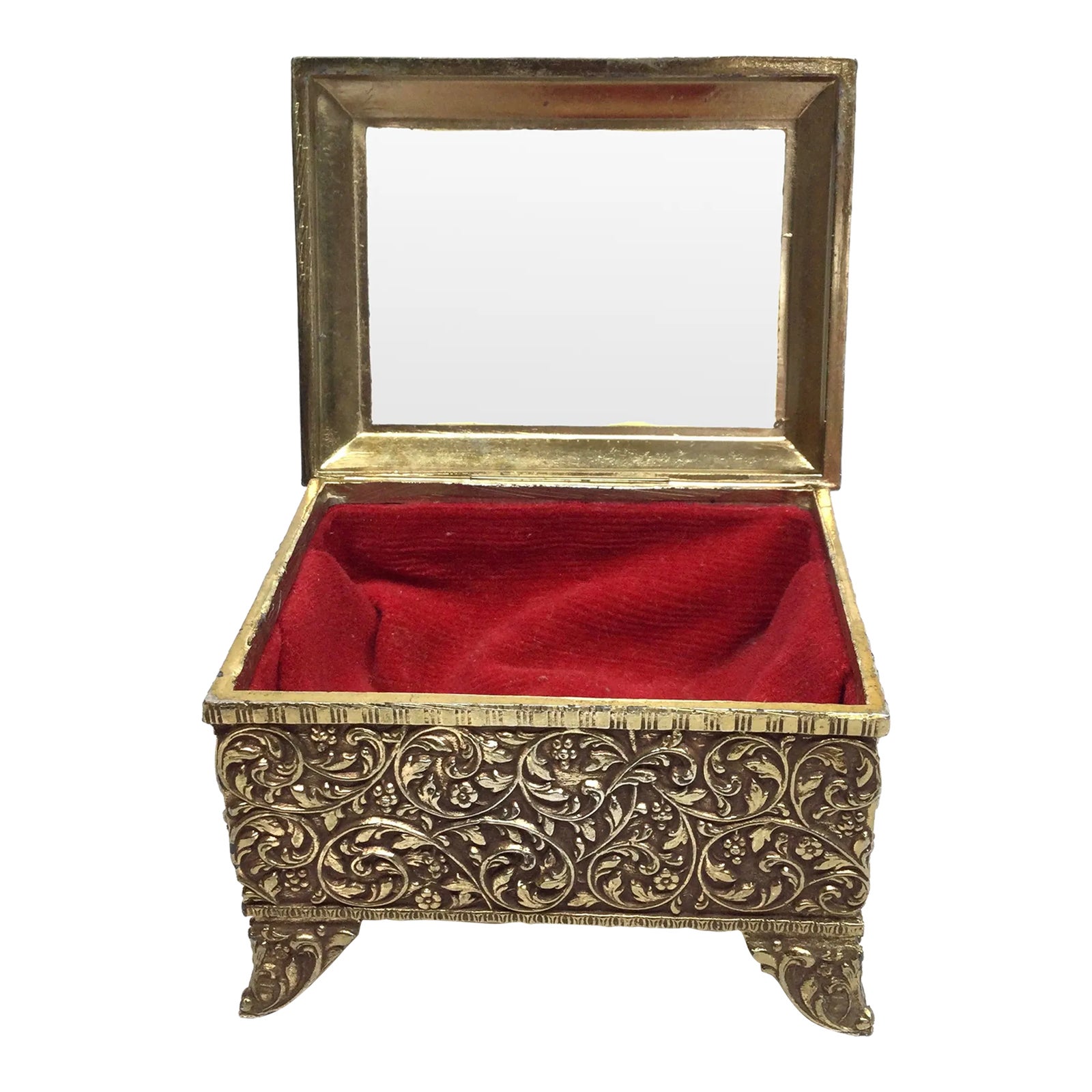 Gold Tone Red Velvet Lined Treasure Box | Chairish