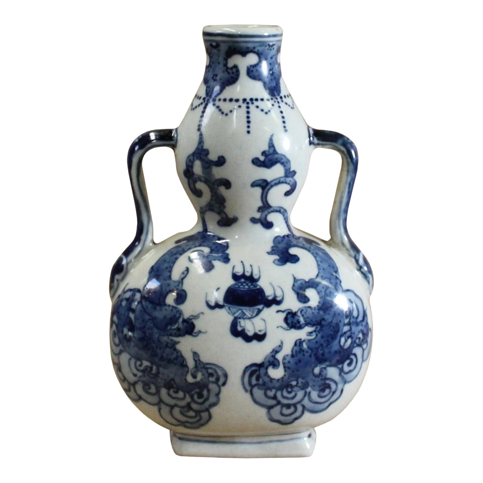 Chinese Blue White Porcelain Dragons Scroll Graphic Gourd Shape Vase ...