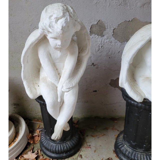 Vintage Concrete White Angels Putti Statues on Black Columns - a Pair ...