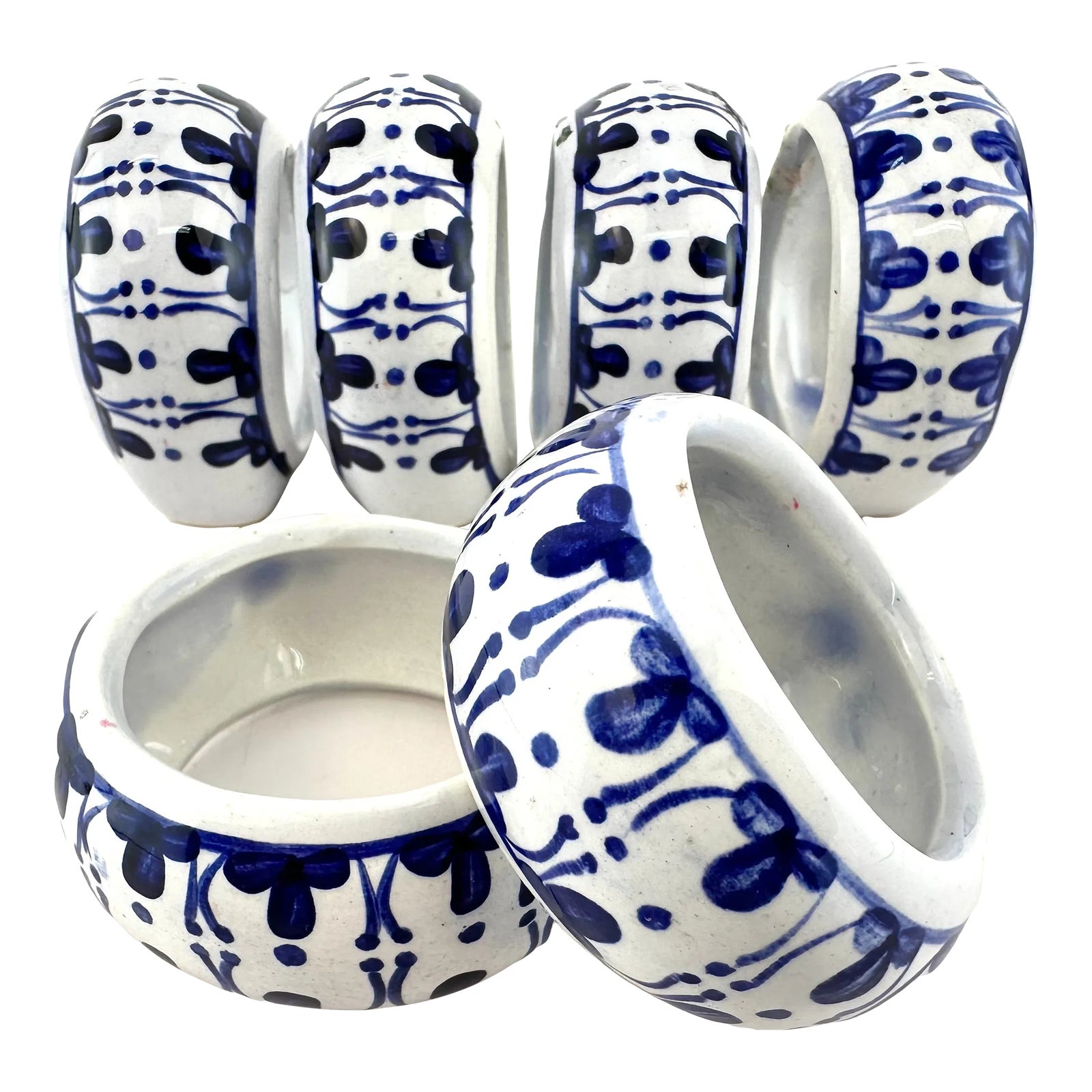 Vintage Blue and White Hand Painted Napkin Rings, Set of 6 | Chairish
